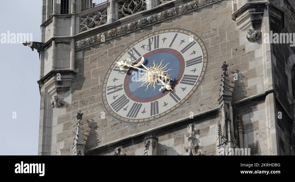 UHD 4K Marienplatz Munich Iconic New Town Hall Clock Tower Close Up ...