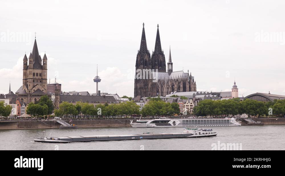 Ultra HD 4K UHD Cologne Skyline River Cargo Ship Passing Barge Freight ...