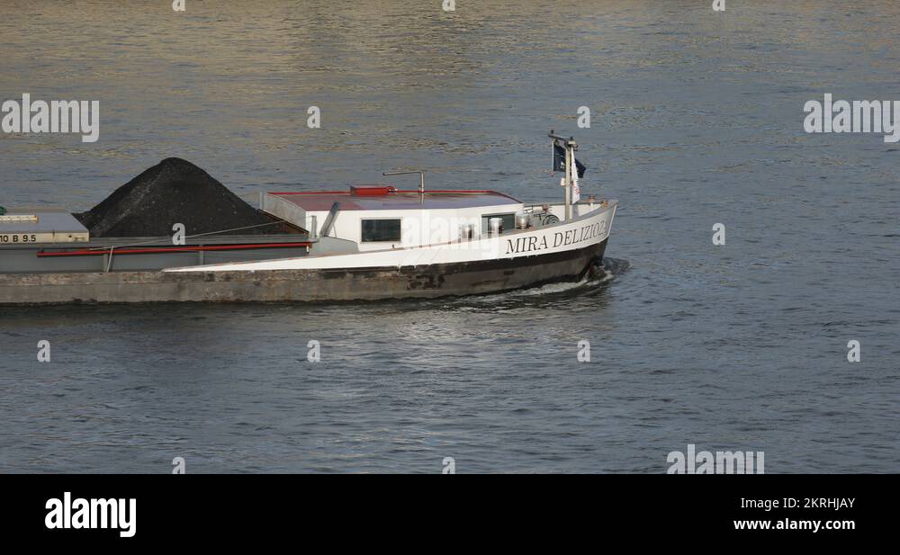 UHD 4K Industrial Coal Barge Fluvial Loaded Boat Cargo Freight Ship ...