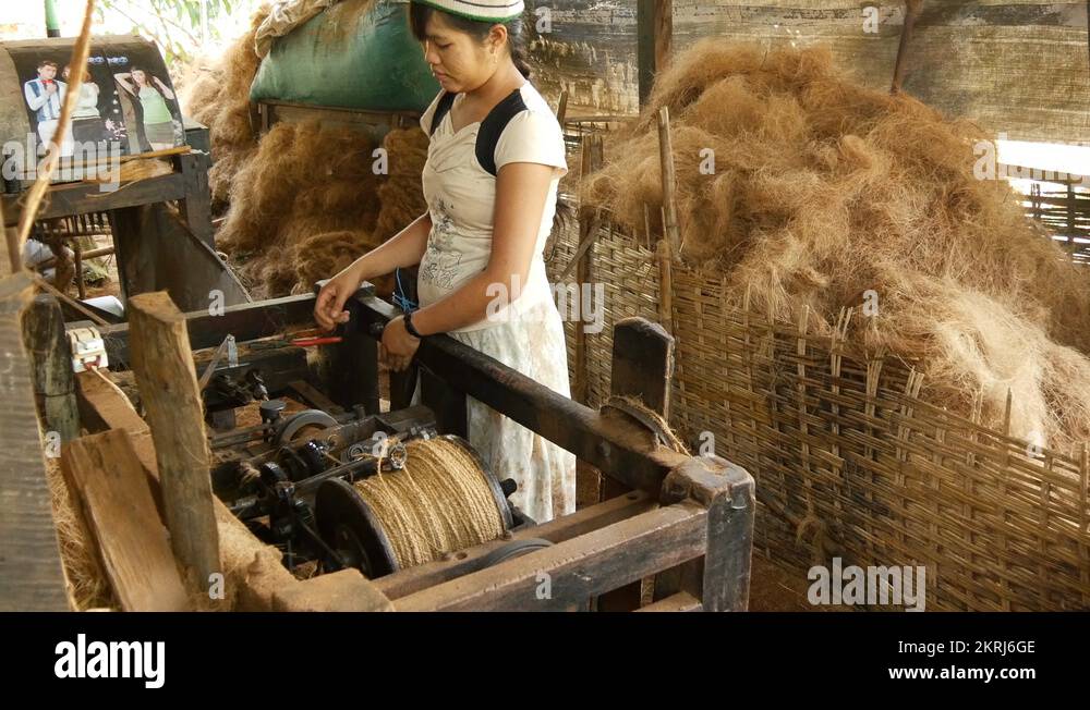 Woman making rope from coconut fiber in Pathein, Myanmar, Burma Stock ...