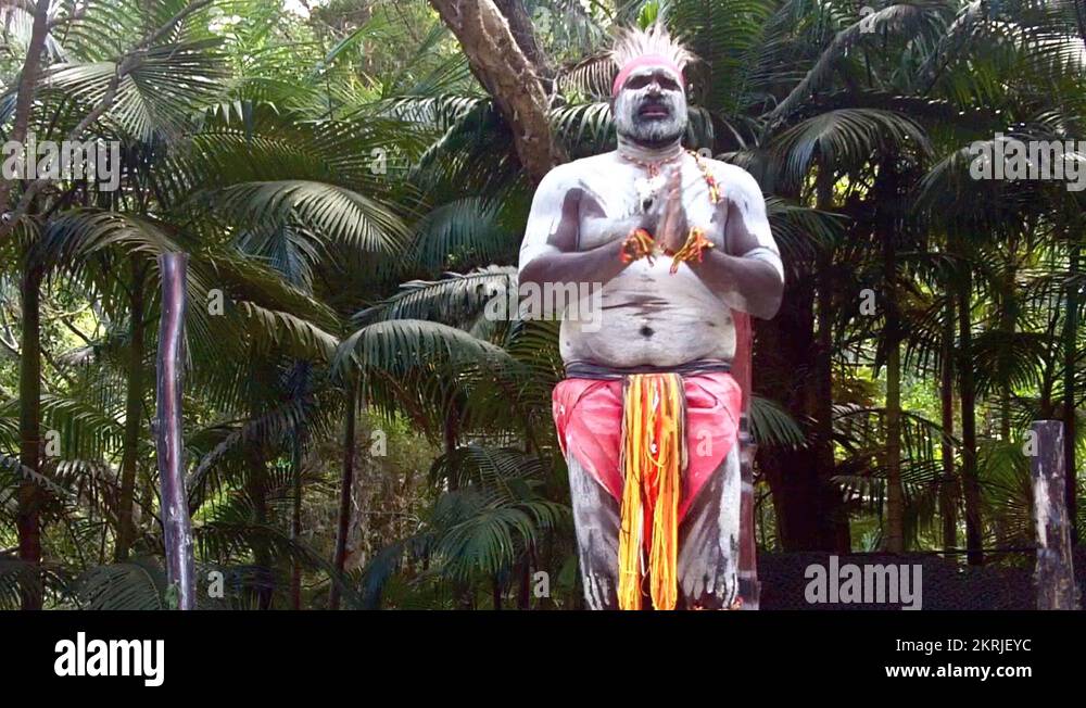 Yugambeh Aboriginal warrior man dance during Aboriginal culture show in ...