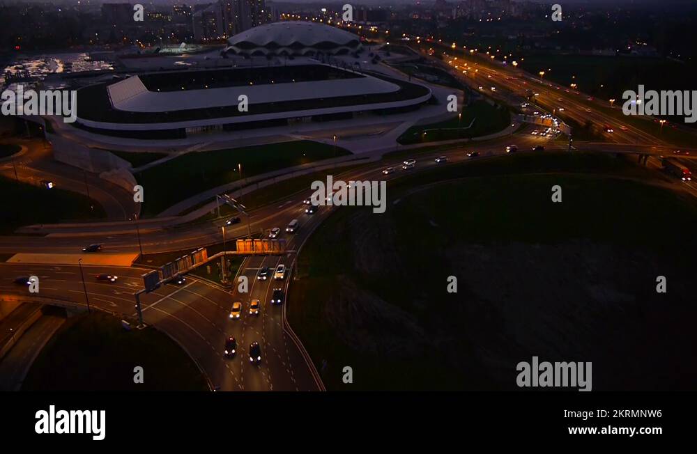 HD Aerial: Panorama over Sport Stadium and Freeway Intersection Stock ...