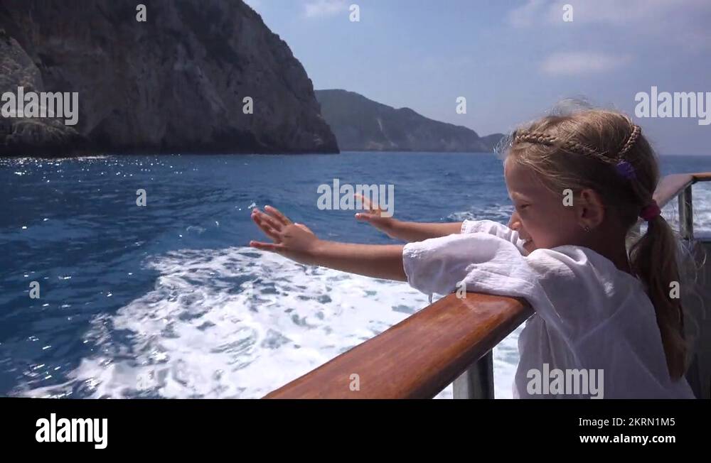 Kid Travelling in Ship, Child in Ferry Boat in Lefkada Island Beach ...
