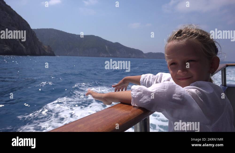 Kid Travelling in Ship, Child in Ferry Boat in Lefkada Island Beach ...
