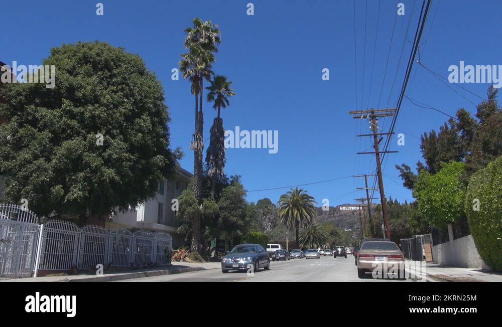 Traffic street palm tree Hollywood sign Los Angeles landmark tourism ...