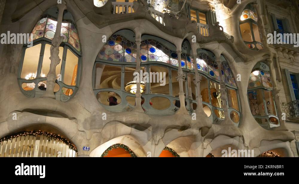 night light barcelona gaudi casa batllo window balcony 4k spain Stock ...