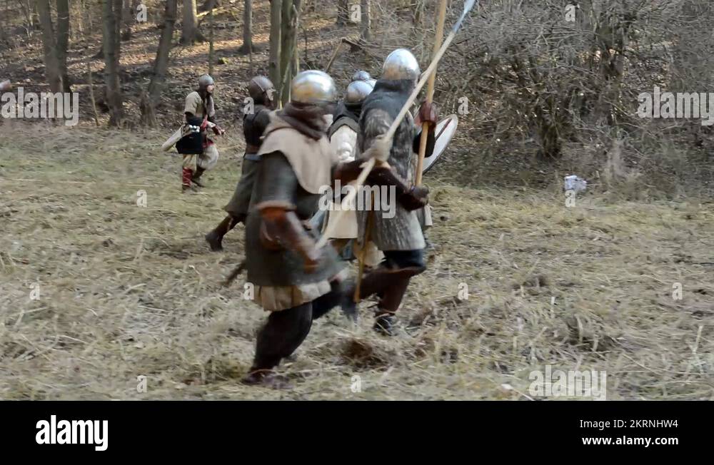 medieval battle - war - soldiers walking in row and fight Stock Video ...