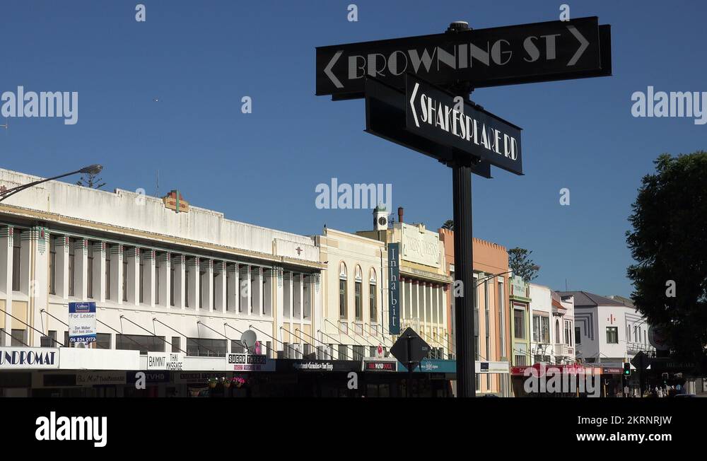 Art Deco buildings and street signs, Napier, New Zealand Stock Video ...