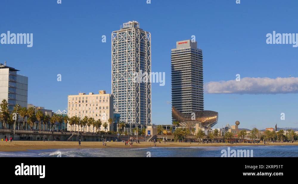 barcelona sun light famous beach fish sculpture 4k spain Stock Video ...
