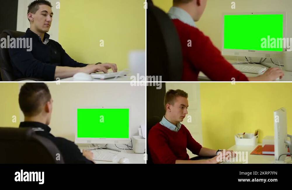 4K MONTAGE (4 VIDEOS) - desk computer green screen - people working on ...