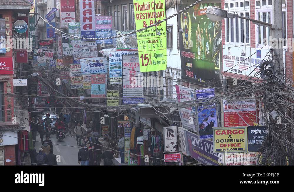 Nepal budget tourism, billboards, hotels, restaurants, Thamel ...