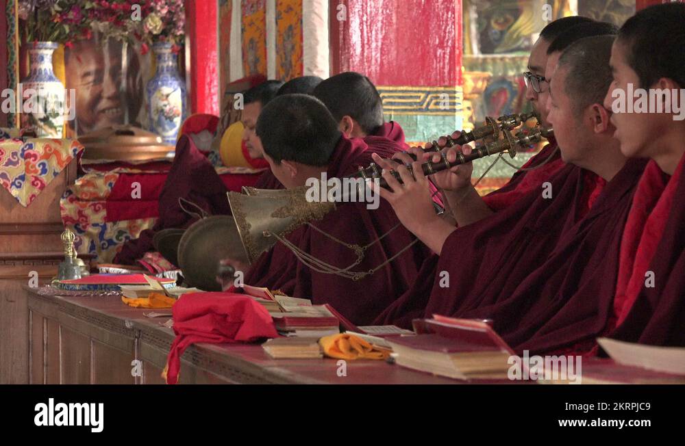 Nepal religion, chanting monks in prayer session in Kathmandu monastery ...