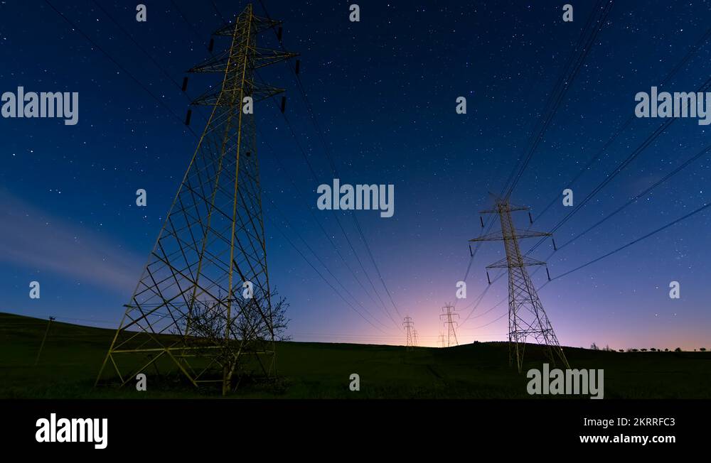 Electricity,high voltage pylons,power transmission lines night stars ...