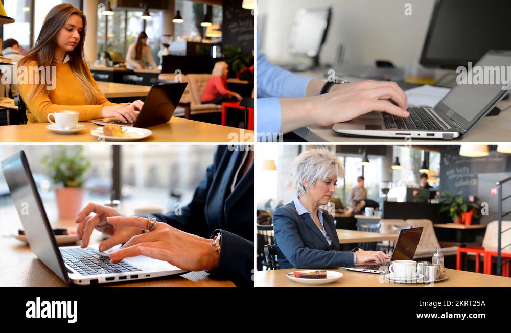 4K compilation (montage) - people work on computer (notebook) - cafe ...