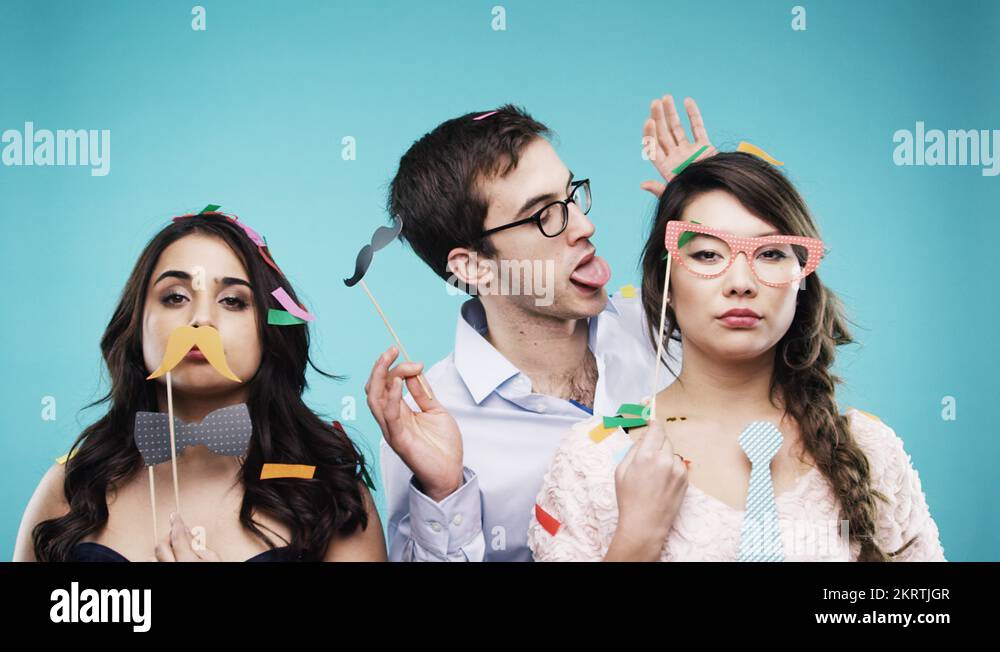 Crazy geek man dancing with beautiful women slow motion party photo ...