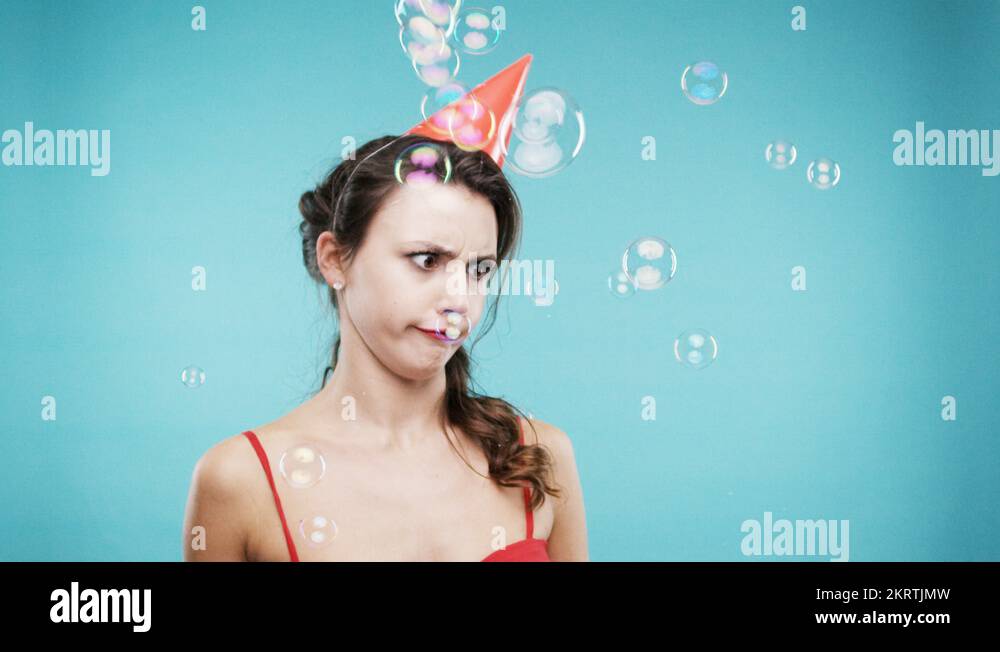 Crazy face silly woman dancing in bubble shower slow motion photo booth ...