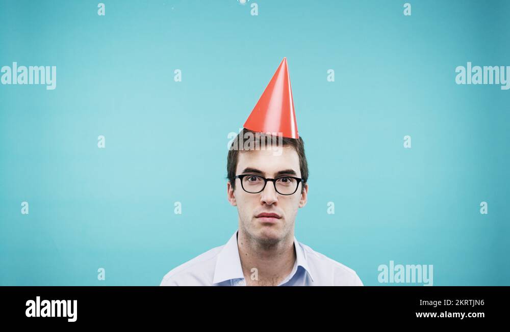 Single man is sad in bubble shower slow motion photo booth blue ...