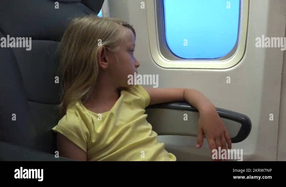 4K Young Girl in Plane, Pensive Thinking, Sad Upset Afraid Kid Child in ...