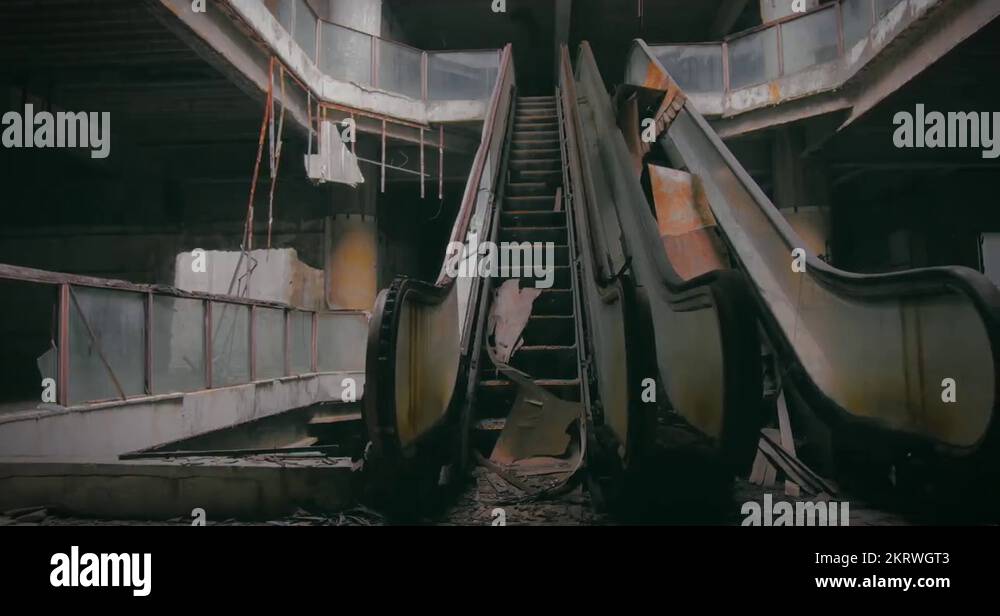 Creepy and moody dark interior of destroyed building. End of the world ...