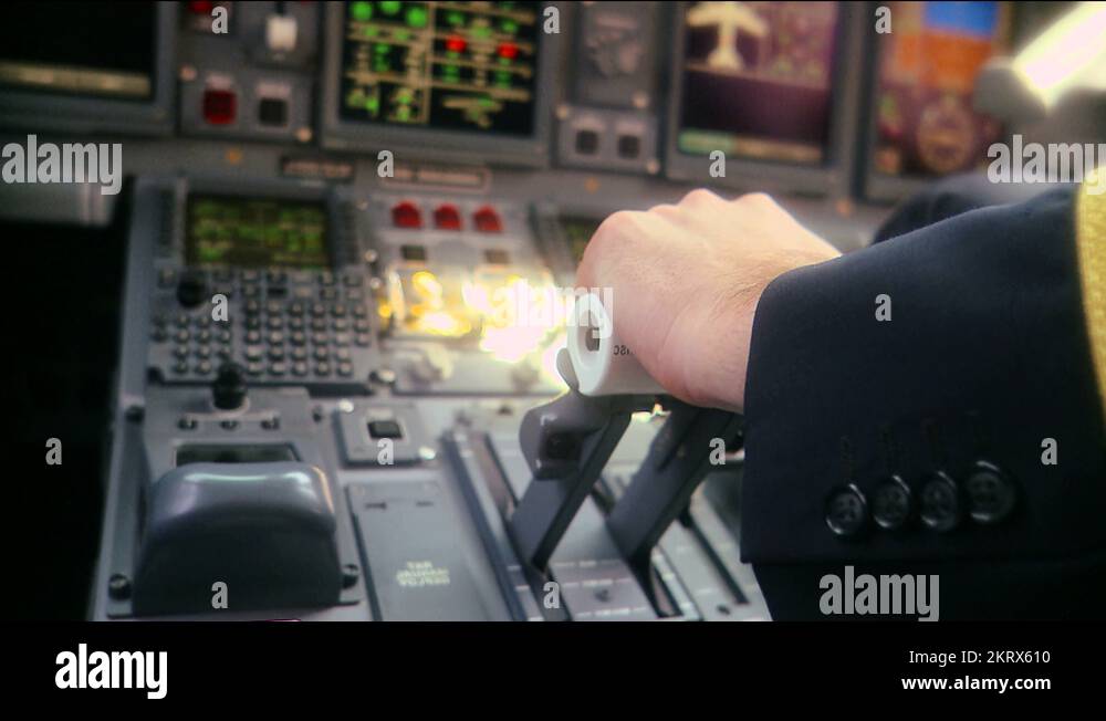 Pilot push thrust lever handle for takeoff a plane in the cockpit ...