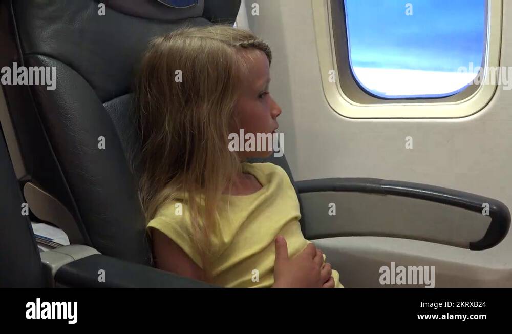 4K Young Girl in Plane, Pensive Thinking, Sad Upset Afraid Kid Child in ...