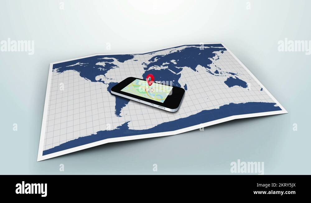 Red marker pointing on a mobile on a world map with lens flare Stock ...