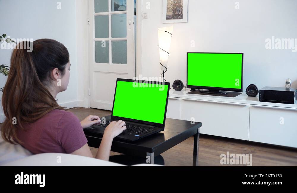 Girl With Green Screen Television And Computer - Full HD Stock Video ...