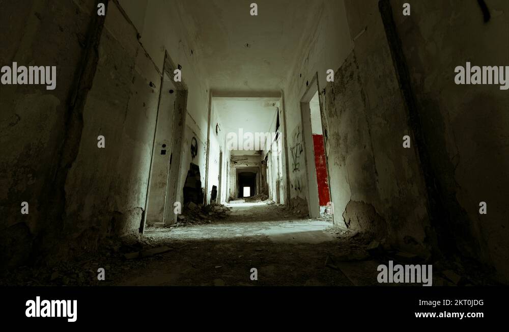 HD linear tracking inside a scary abandoned coridor of an evacuated ...