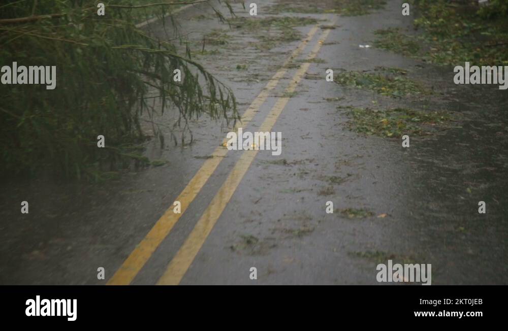 Walk through debri from hurricane storm rain and wind in typhoon slow ...