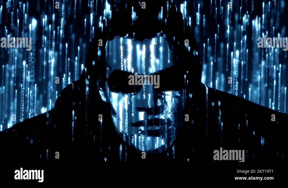 Hacker with glowing blue code Stock Video Footage - Alamy