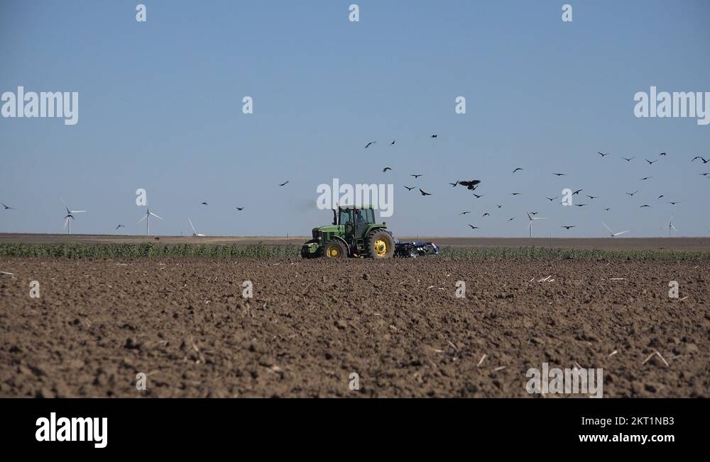 4K Tractor Plowing Field in Spring, Farmer Working in Agricultural Land ...