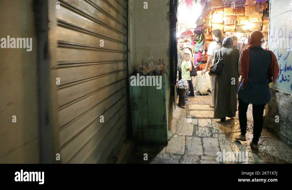 Walk through small alley in middle east market, Jerusalem, Israel ...