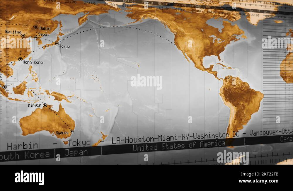 World map showing cities, times zones with connections. Orange ...