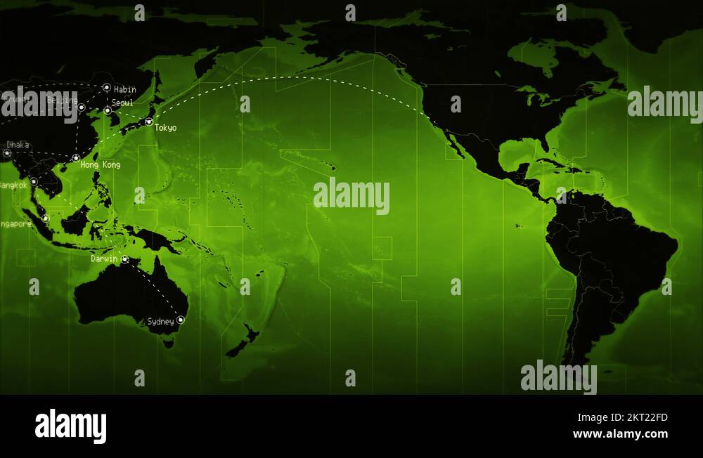 World map showing cities, times zones with connections. Green. Loopable ...