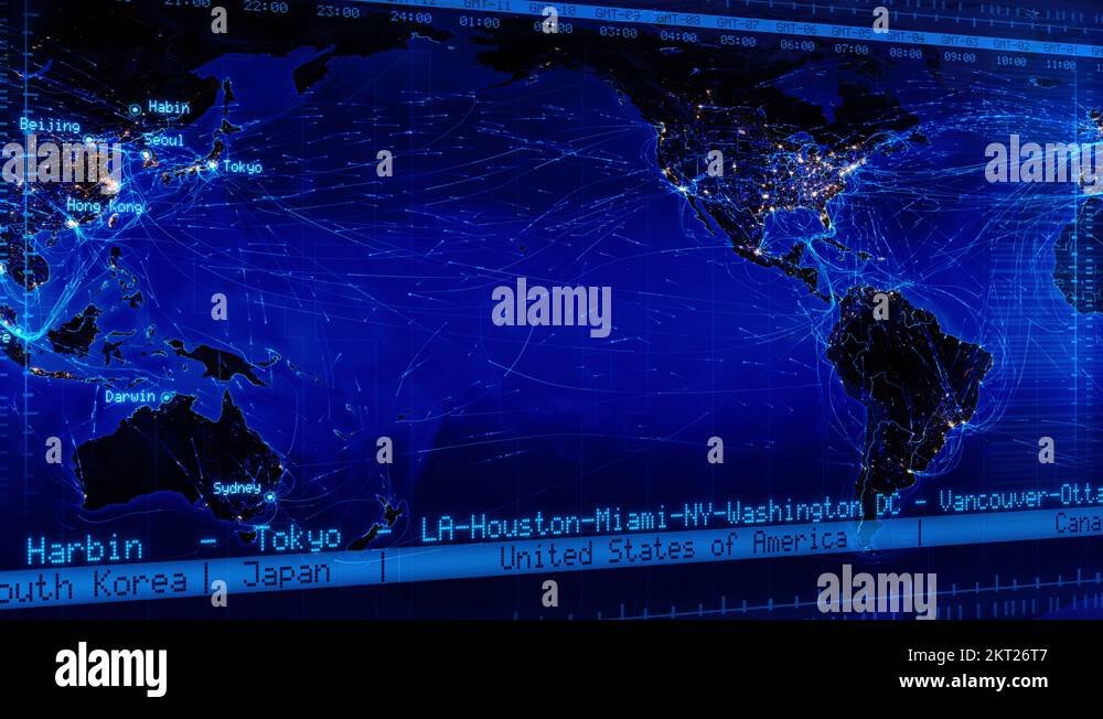 Loopable world map with major cities names, countries and time zones ...