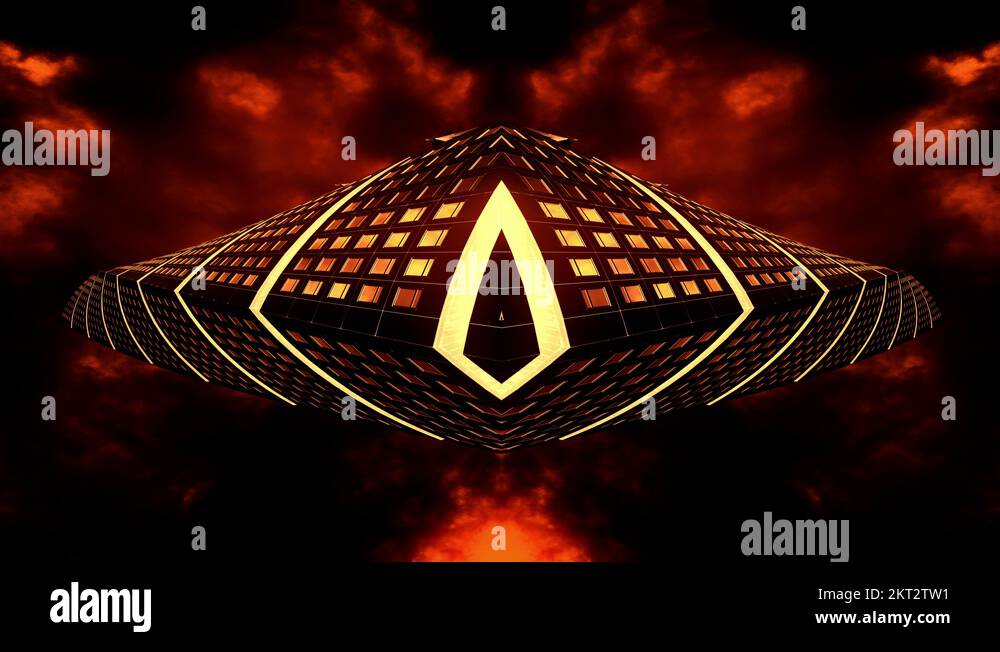 Alien mothership office tower windows apocalyptic burning sky abstract ...
