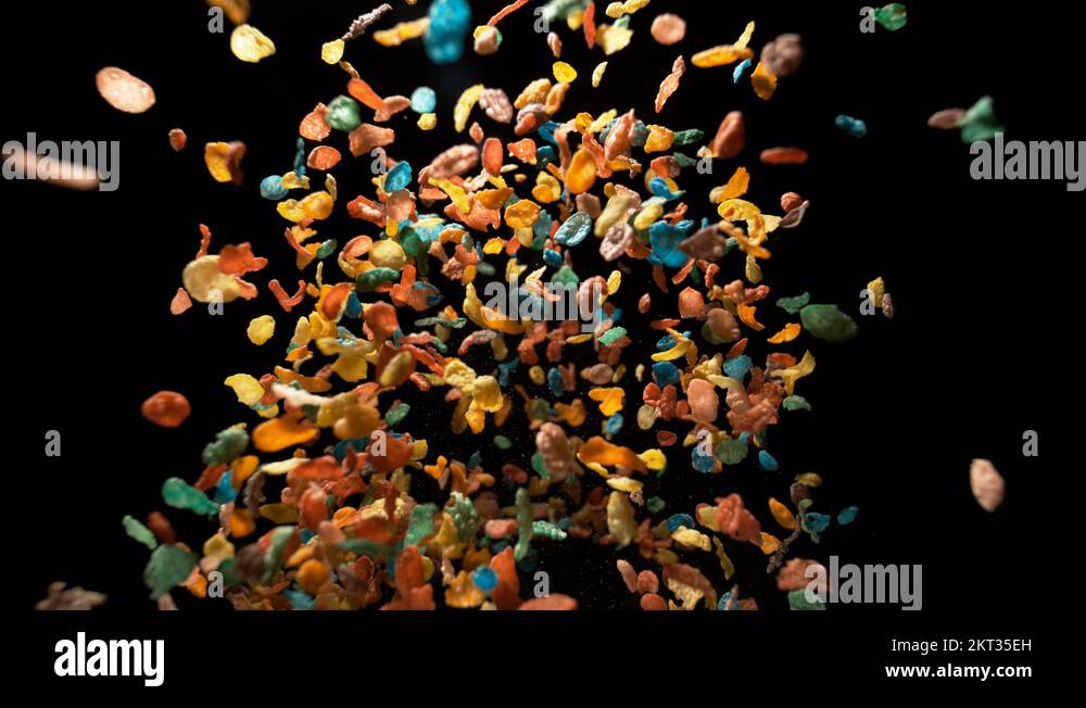 Camera follows cereal flying after exploded. Slow Motion Stock Video ...