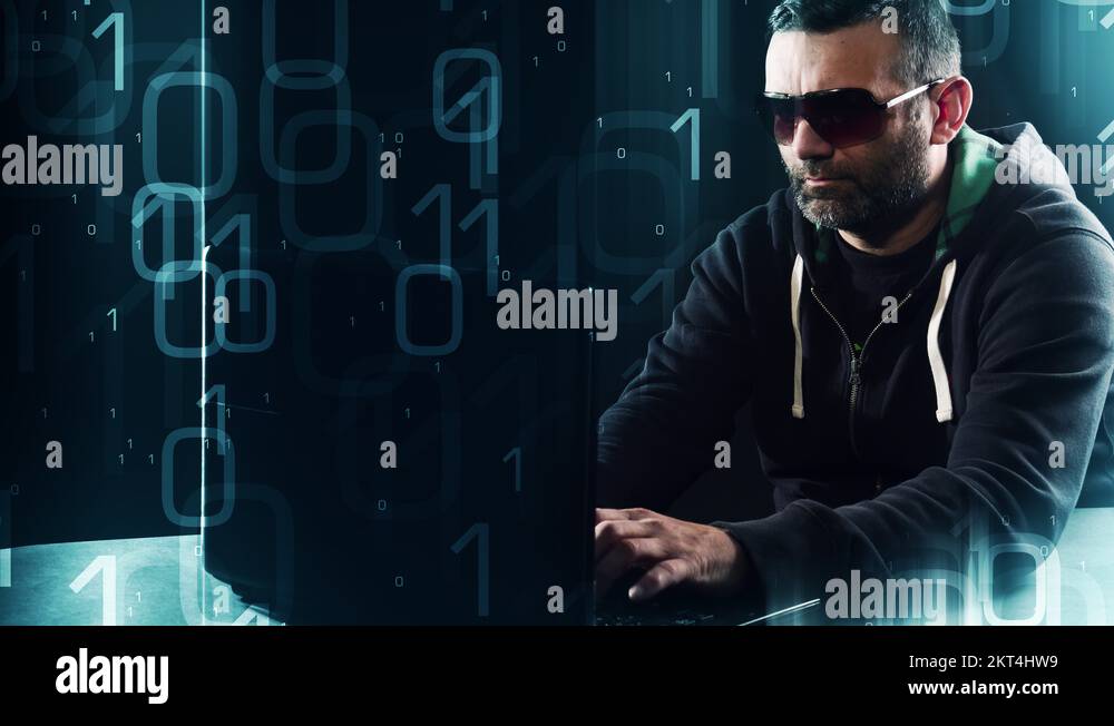 Hacker Typing On Laptop Computer Keyboard Animated Binary Code Background 4k Stock Video Footage