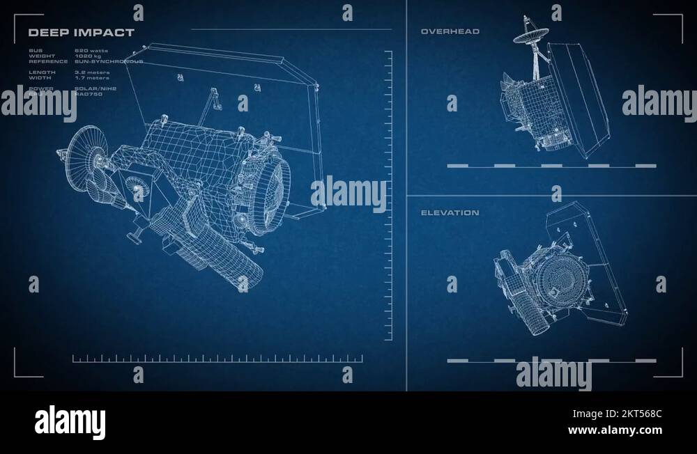 Looping, animated orthographic engineering blueprint of Deep Impact ...
