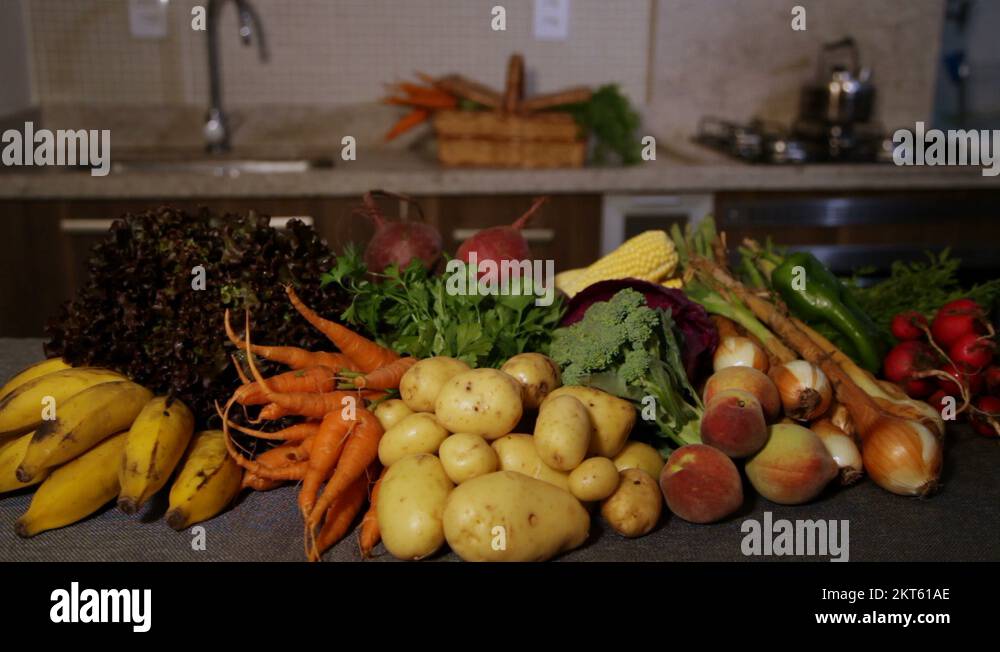 Organic fresh fruits and vegetables in the kitchen, slider to the right ...