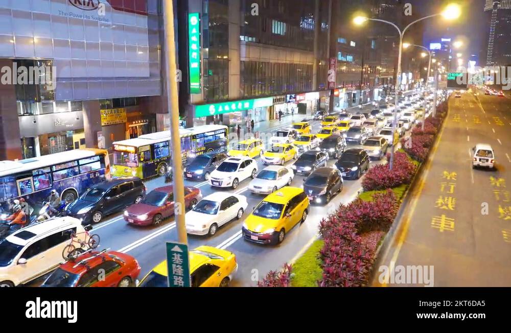 Traffic jam on night asian street, bright illuminated perspective view ...