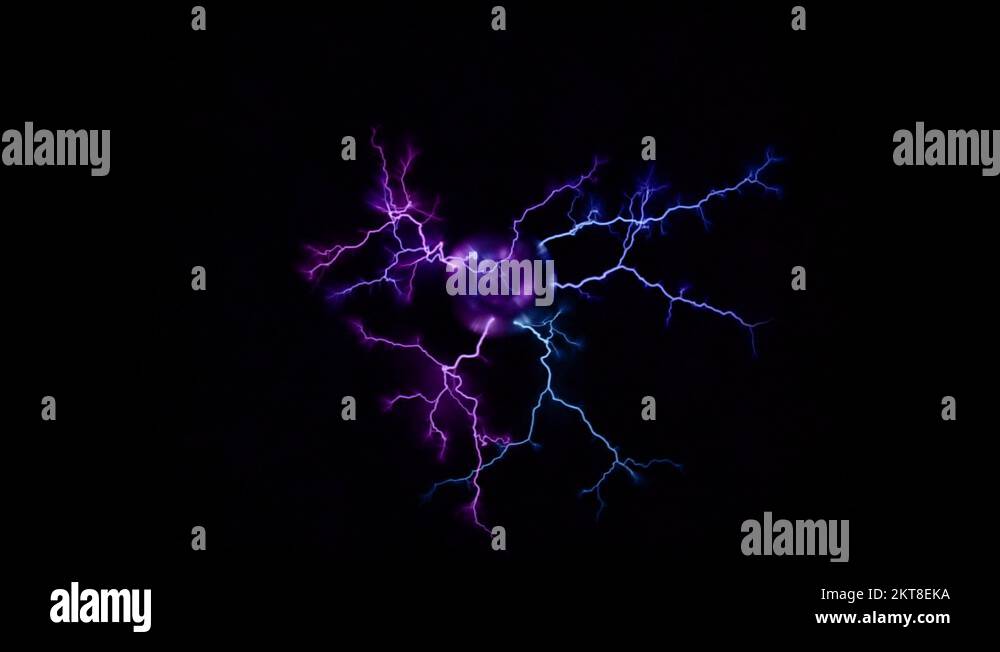 Overhead view of Tesla coil and layered, branching electric arcs Stock ...