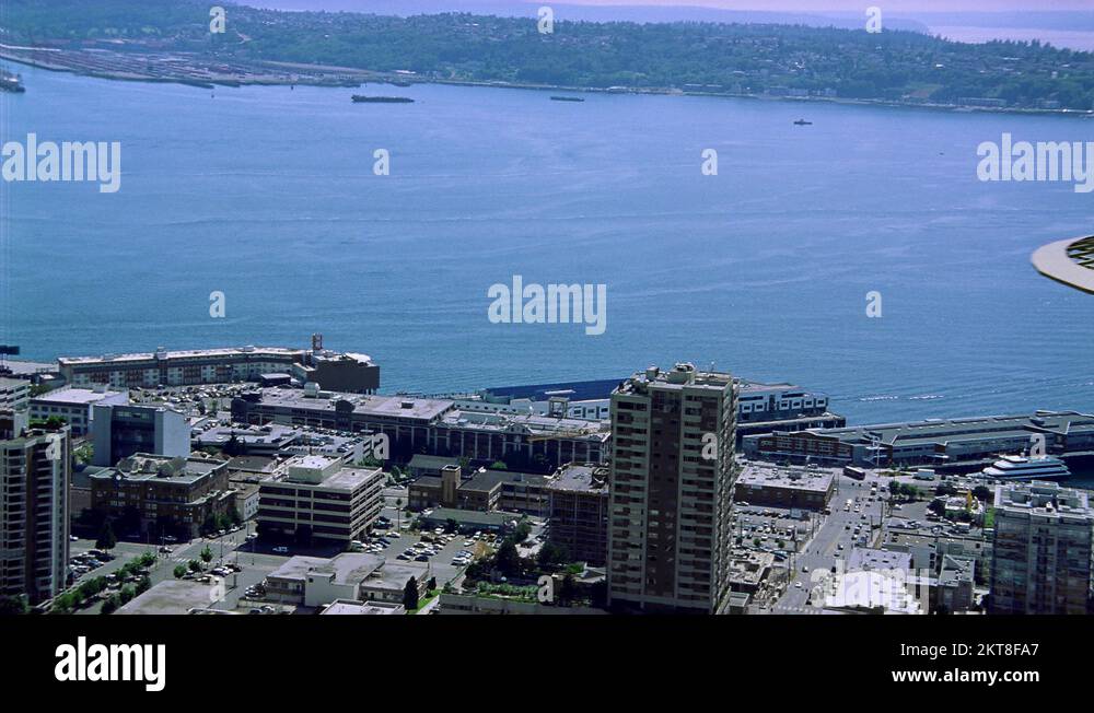 Close flight past observation deck of Seattle's Space Needle. Shot in ...