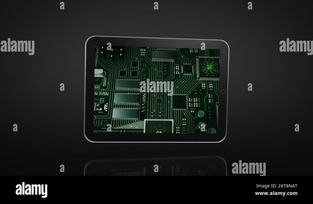 Spinning Tablet animation. Black background. Circuit board video on the ...