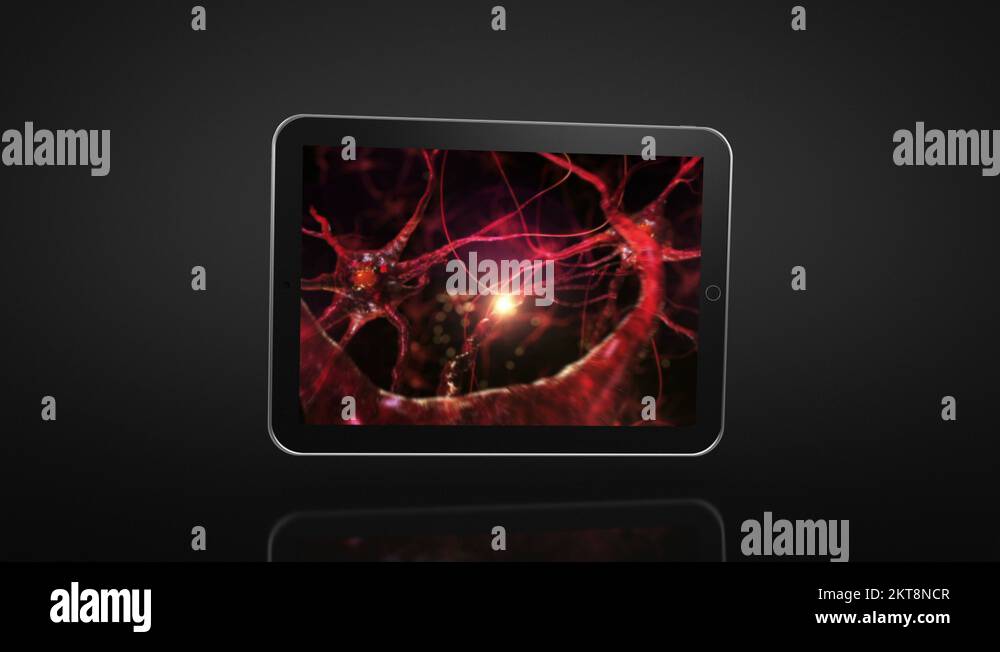Spinning Tablet Animation. Black background. Nerve cell videos on the ...