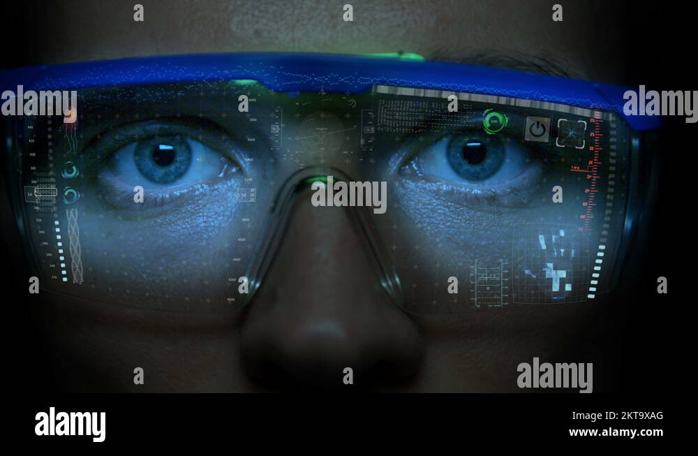 Futuristic monitor on face with code and information hologram. Eye hud ...