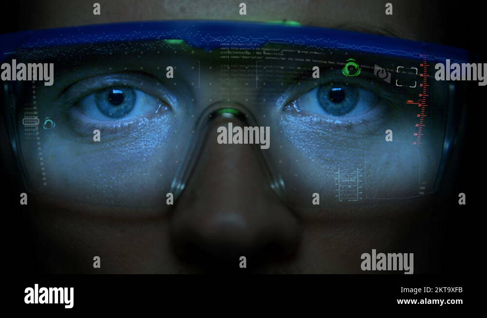 Futuristic monitor on face with code and information hologram. Eye hud ...