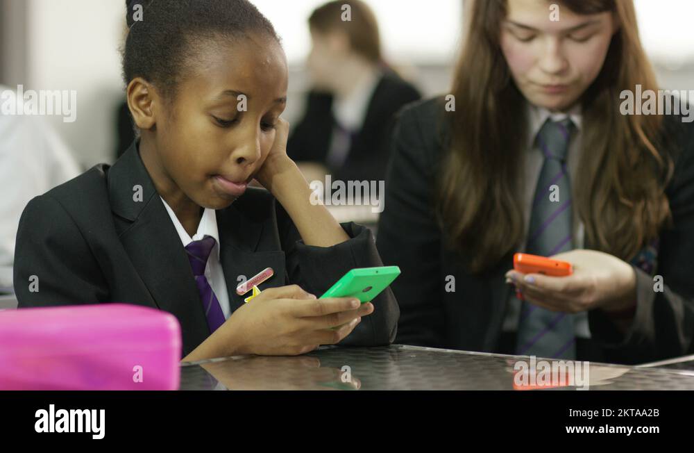4K School girls looking at mobile phones during lunch break in school ...