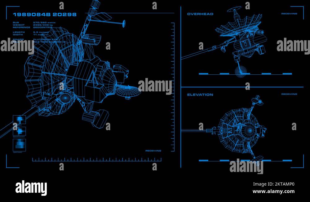 Looping, orthographic view of rotating wireframe model of Galileo ...