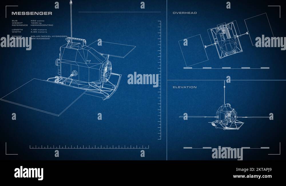 Looping, animated orthographic engineering blueprint of Messenger ...